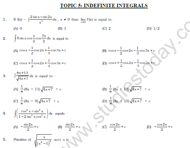 JEE Mathematics Indefinite Integrals MCQs Set B with Answers